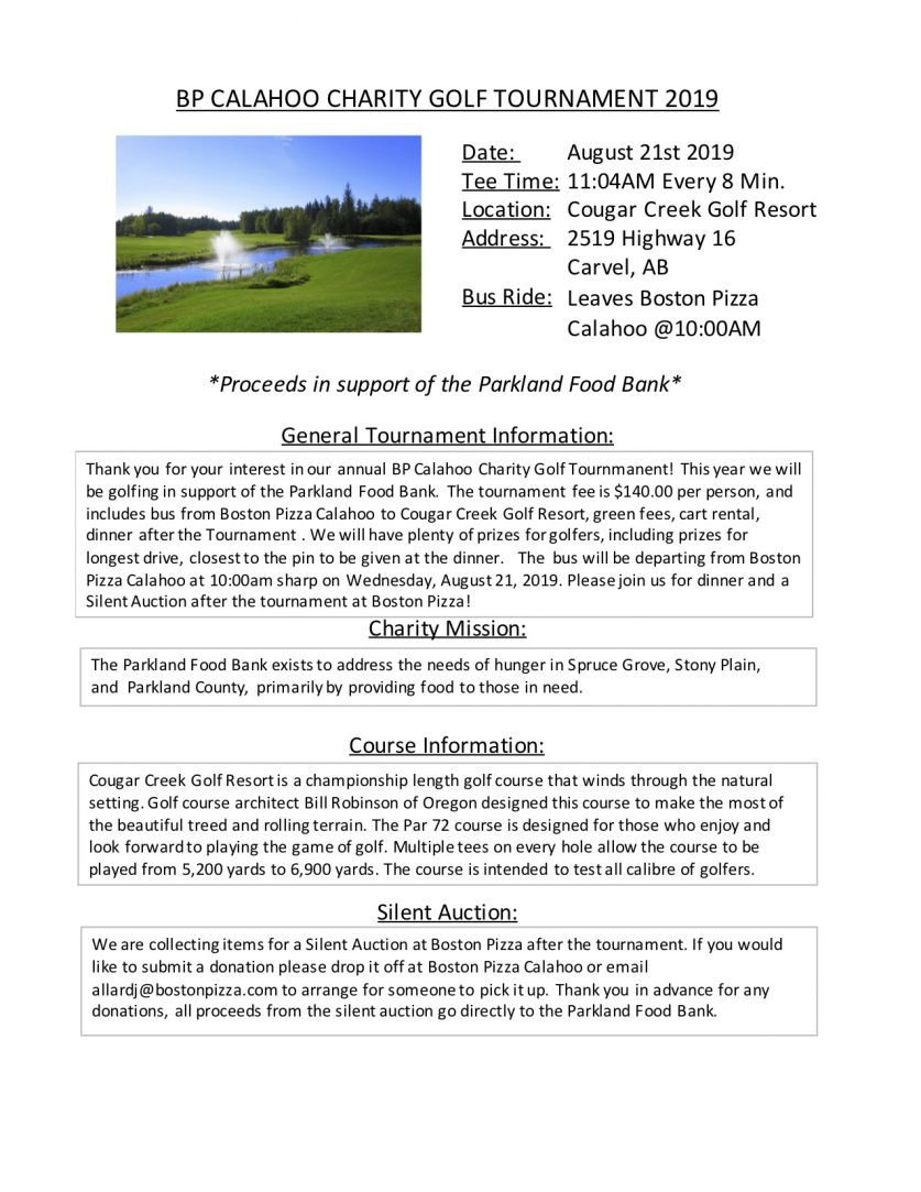 Boston Pizza Calahoo Charity Golf Tournament - Parkland Food Bank